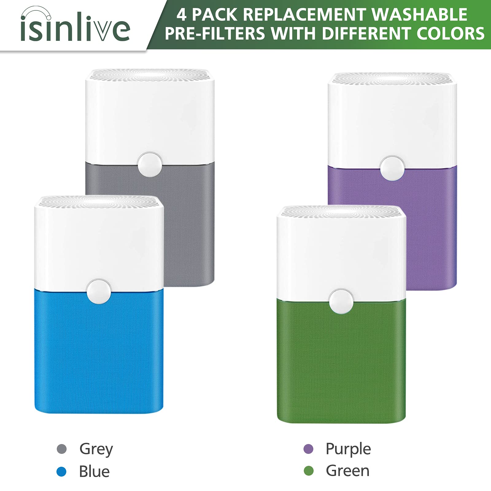 isinlive 4 Pack Replacement Washable Pre-Filters Compatible with Blueair Blue Pure 211+ Air Purifier, Removes Pollen, Dust, Pet Dander and Other Airborne Particles(Blue, Grey, Green, Purple)