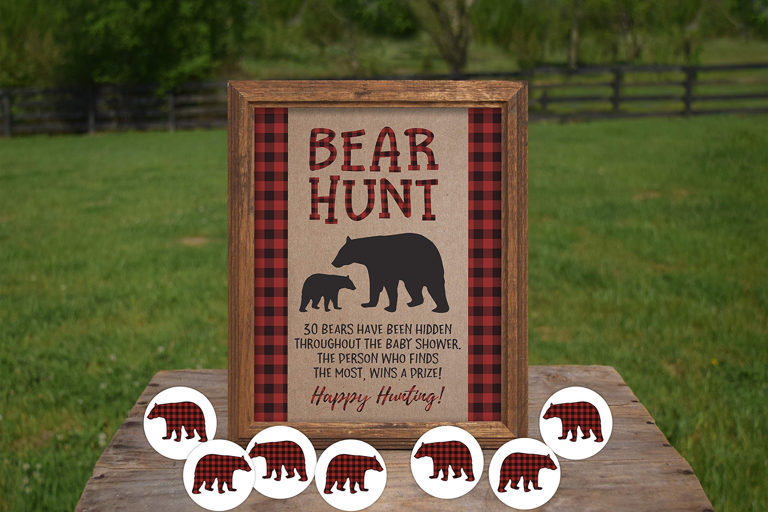 Lumberjack Scavenger Bear Hunt Baby Shower Game - Lumberjack Fun Activities and Decorations - Includes 1 (8.5x11 inches) Sign and 30 (2 inches) Bear Stickers