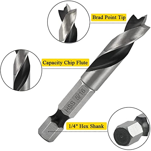 Bestgle 6 Pcs Brad Point Drill Bits(3/8", 5/16", 1/4", 3/16", 1/8", 3/32"), 1/4 Inch Hex Shank HSS Spiral Twist Wood Drill Bit Set for Soft, Hard, Veneered, Laminated Wood MDF Acrylic Woodworking Tool