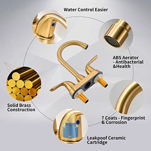 Bathroom Sink Faucet with Pop-up Drain Assembly, Brushed Gold Bathroom Faucet 2-Handle for 4 Inch Sink,Modern Centerset Bathroom Faucet with Supply Hose Lead-Free