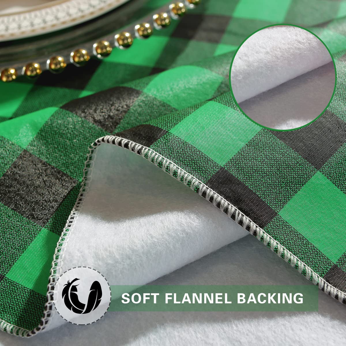 Buffalo Plaid Vinyl Christmas Tablecloth Rectangle 52 x 70 Inch With Flannel Backing, Waterproof & Anti Slip Plastic Tables Cloths, Heavy Duty Table Cover for Winter, Party & Holiday, Green and Black