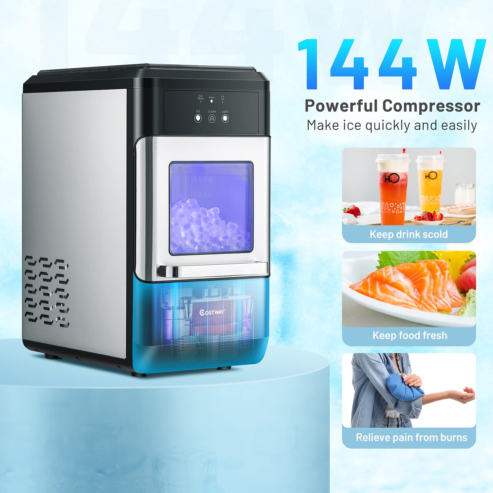 ARLIME Portable Nugget Ice Maker Machine for Countertop, 44lbs/24H Sonic Ice Maker Self-Cleaning with 4.8lb Ice Bin & Scoop, Intelligent Control Panel, Chewable Ice Makers for Kitchens, Offices, Home