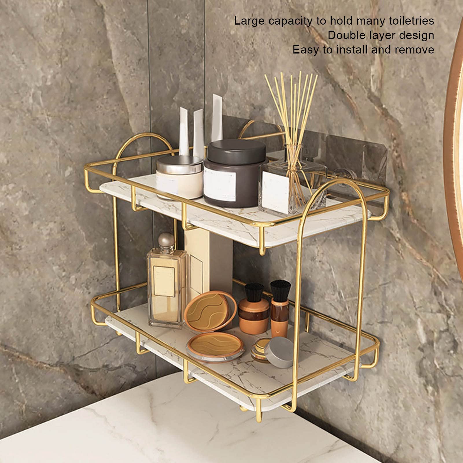 Cosmetic Storage Shelf, 2 Tier Bathroom Countertop Rack, Large Capacity Waterproof Gold Metal Storage Shelf Rack for Bathroom Kitchen Bedroom