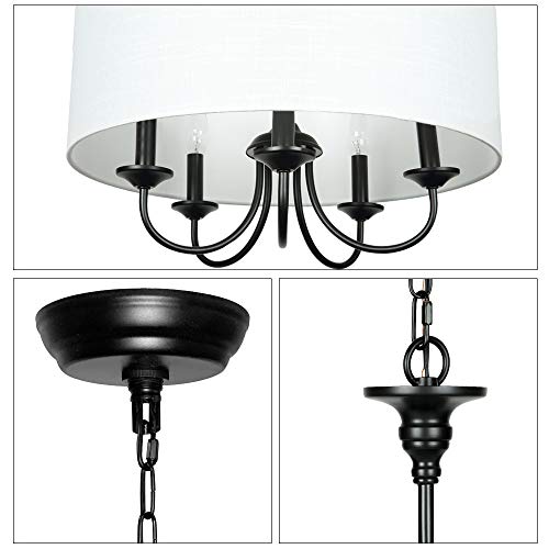 T&A Traditional 5-Light Chandelier with White Linen Drum Shade,20" Simple Chain Pendant Light Lights for Foyer Dining Room Living Room