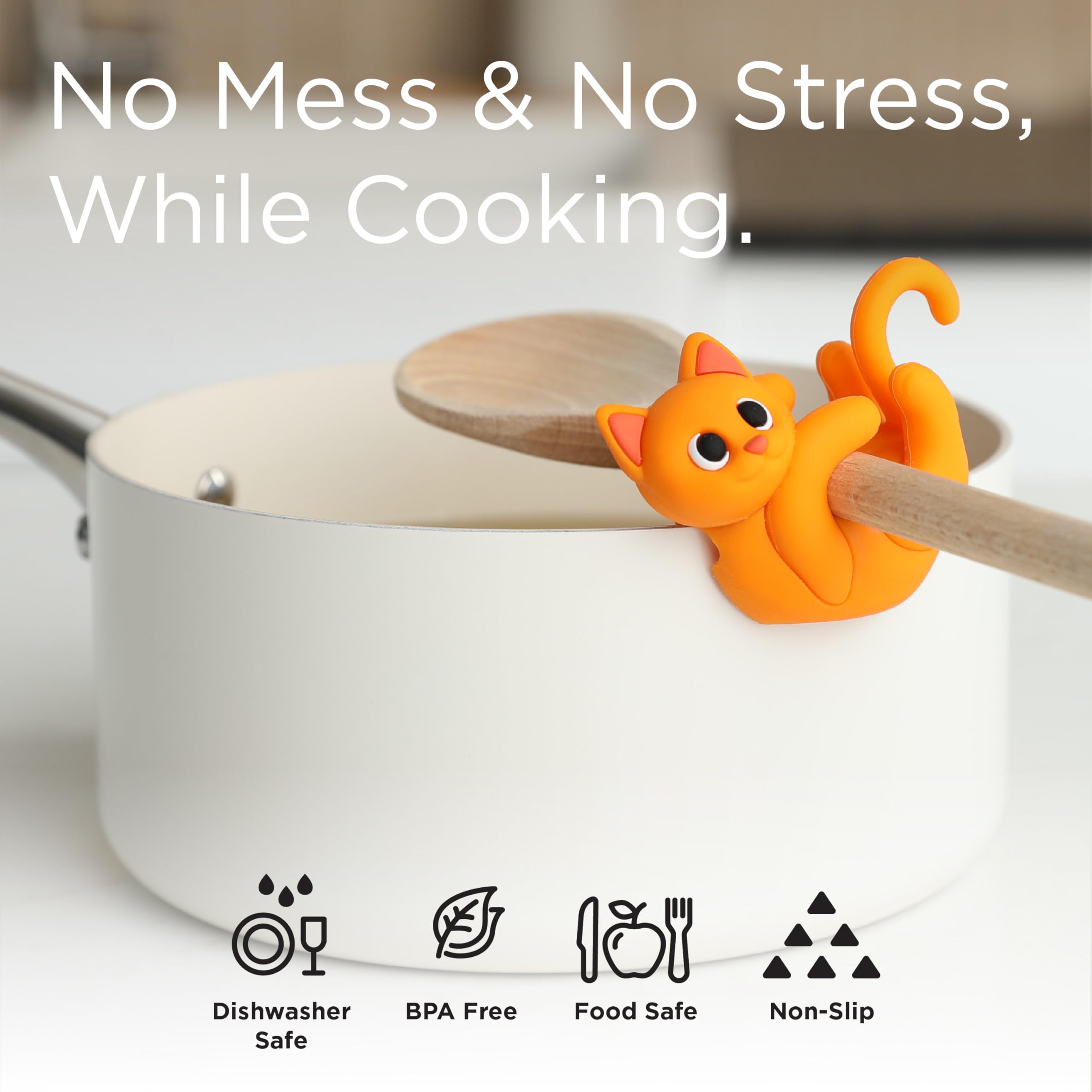 Cat Funny Spoon Rest Silicone Utensil Rest - Pot Spoon Holder for Pot - Food Grade Silicone Utensil Holder Kitchen Gadget - Fun, Cute & Silly Orange Cat Design - Super Fun!