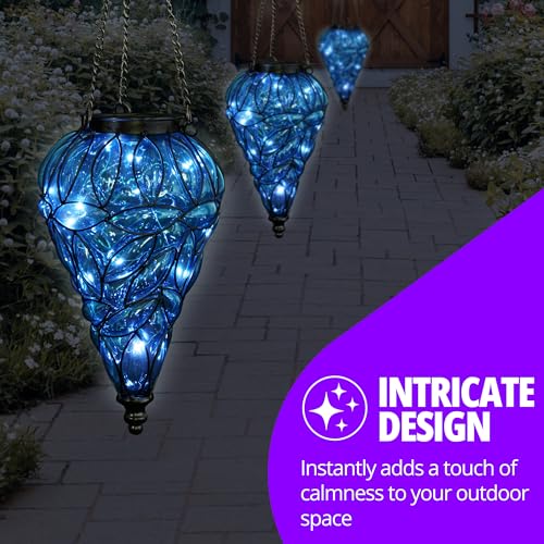 Exhart Outdoor Garden Solar Lights, Tear-Shaped Glass and Metal Hanging Lantern, 15 Firefly LED Lights, 7 x 24 Inch, Blue