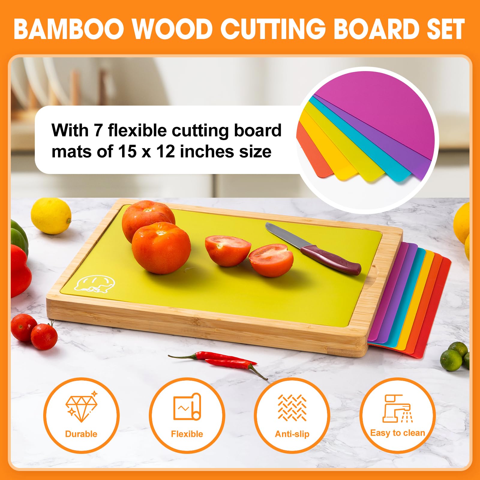 Bamboo Wood Cutting Board Set with 7 Flexible Cutting Mats with Food Icons, Easy to Clean Cutting Boards for Kitchen