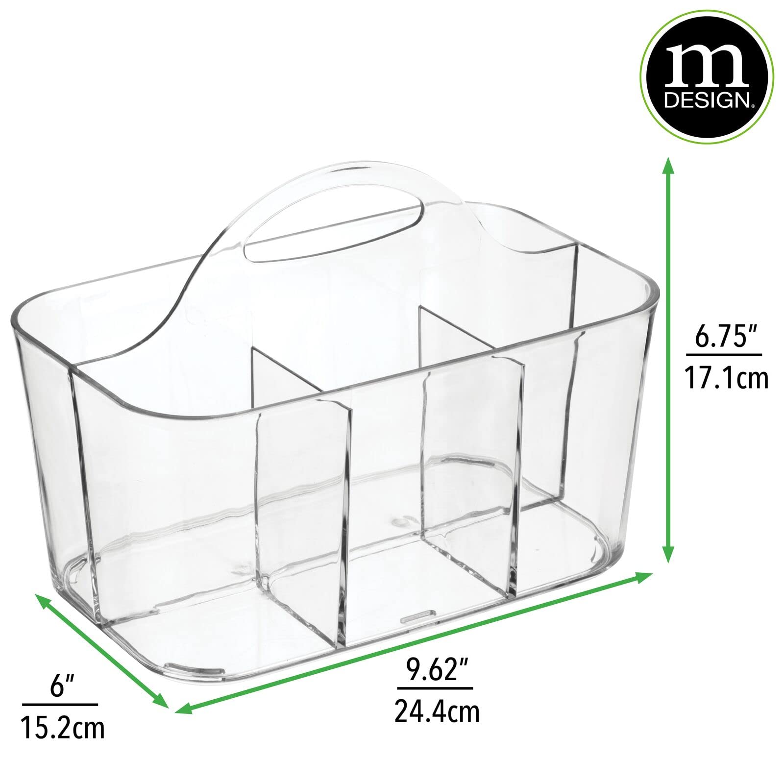 mDesign Plastic Makeup Storage Organizer Caddy Tote, Divided Basket Bin, Handle for Bathroom, Holds Eyeshadow Palettes, Nail Polish, Brushes, Shower Essentials, Small, Lumiere Collection - Clear