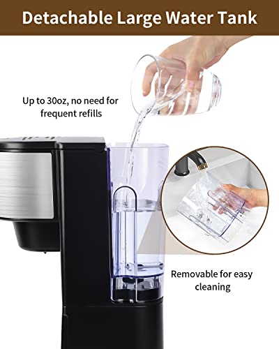 Single Serve Coffee Maker K Cup & Ground Coffee, One Cup Brews 6-14 Oz in 2 Mins, Fits Travel Mugs, with 30 Oz Removable Water Tank, Reuseable Filter, Black