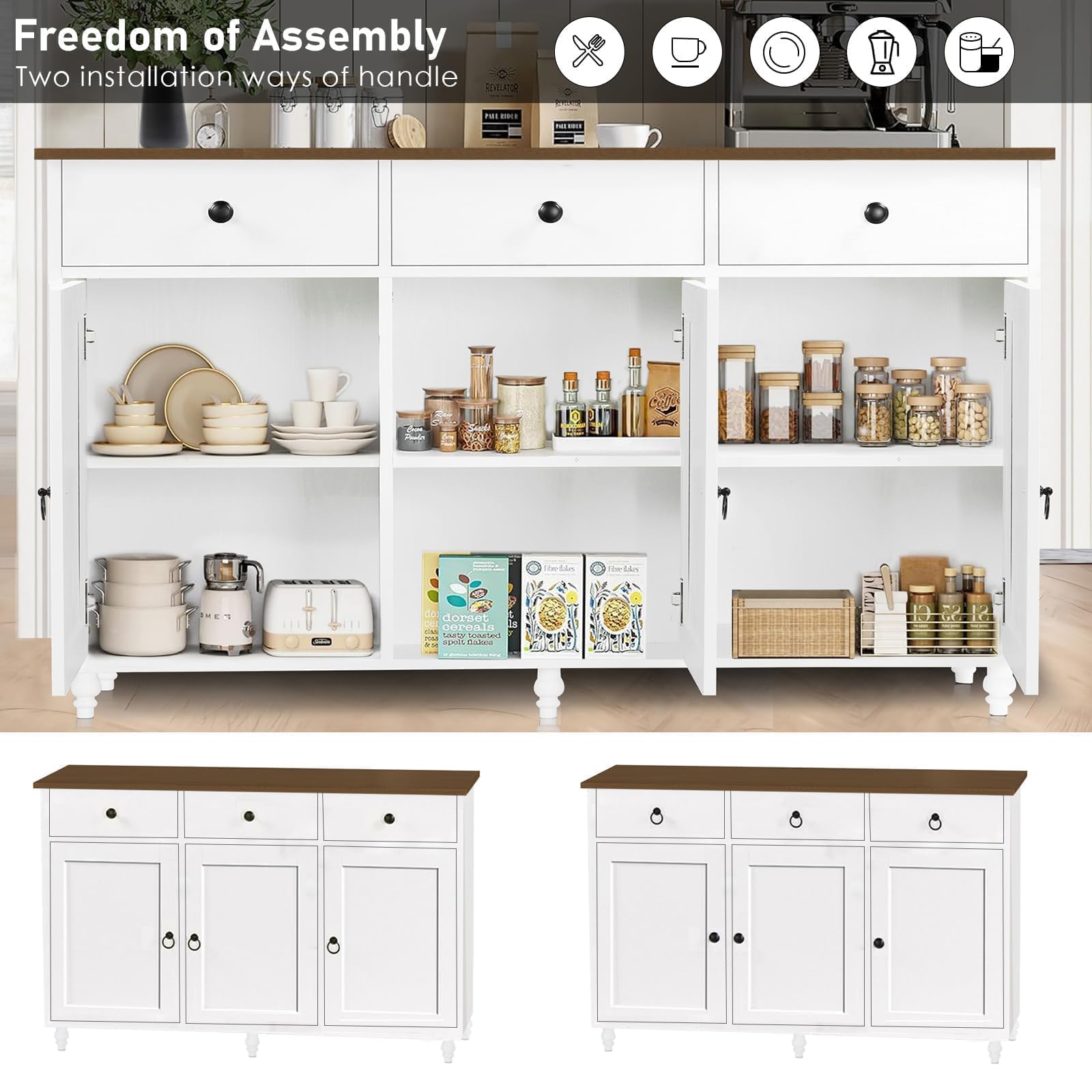 Buffet Cabinet with Storage, 47" Sideboard Buffet Cabinet with 3 Drawers and 3 Doors, Modern Farmhouse Kitchen buffet storage cabinet, Wood Buffet Table for Kitchen, Dining Room, Living Room, White