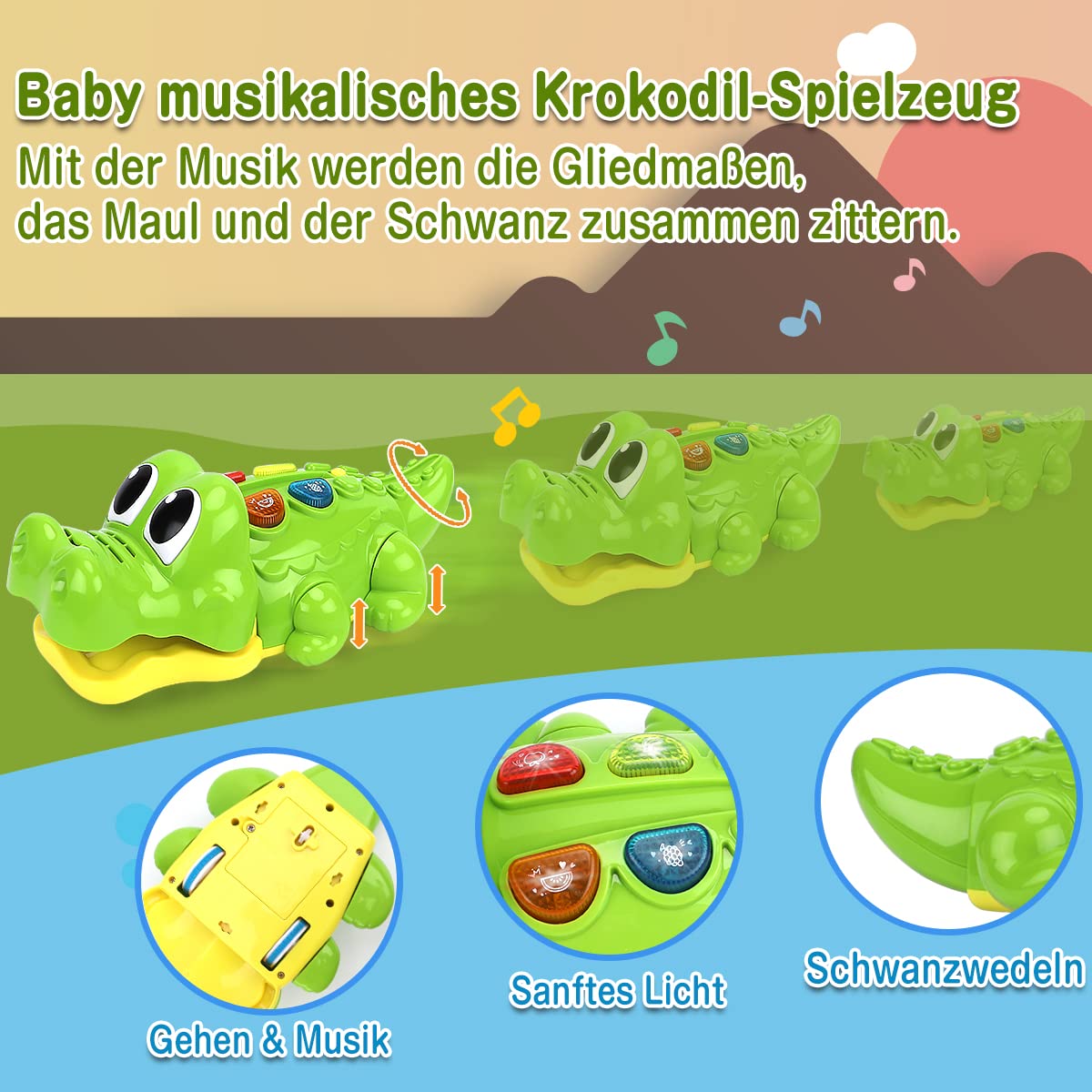 Nueplay Alligator Musical Crawling Toy for 1 2 3 Year Old Kids Babies Toddler Boy Girl Educational Learning Infant Toy with Music Light Game Modes 8 Songs with 3 AA Batteries