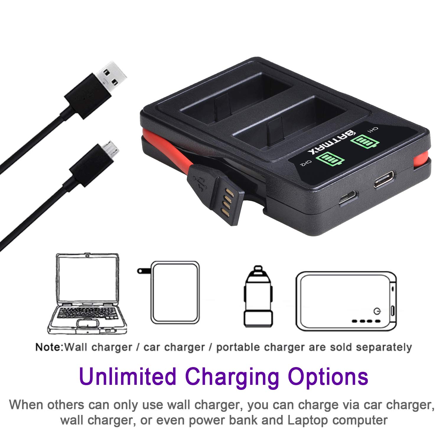 Batmax 2 Packs LP-E10 LP E10 Battery + LED Dual Built-in USB Charger with Type C Port for Canon EOS Rebel T3 T5 T6 T7, T100, EOS 4000D 2000D 1500D 1300D 1200D 1100D, Kiss X50 X70 X80 X90 Cameras