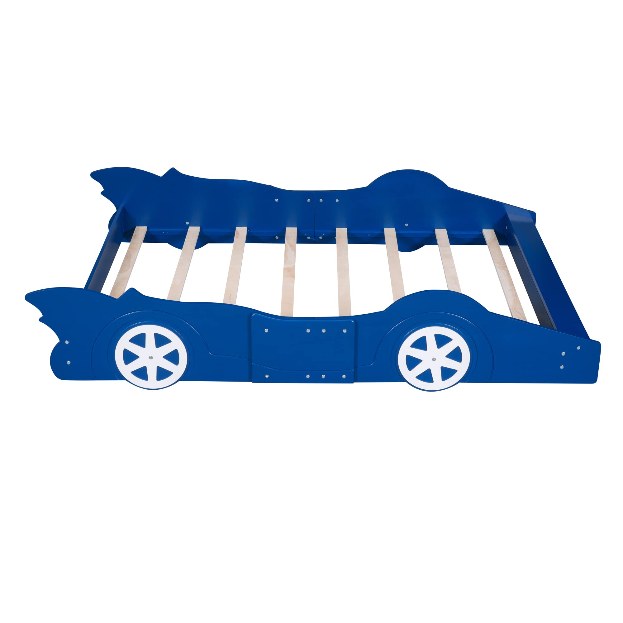 SOFTSEA Full Size Car-Shaped Platform Bed, Solid Wood Platform Bed with Wheels for Kids Boys Girls, No Box Spring Needed, Without Headboard, Blue