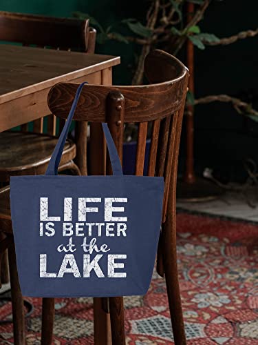 shop4ever® Life is Better at the Lake Heavy Canvas Tote with Zipper Sayings Reusable Shopping Bag 12 oz Navy -Pack of 1- Zip
