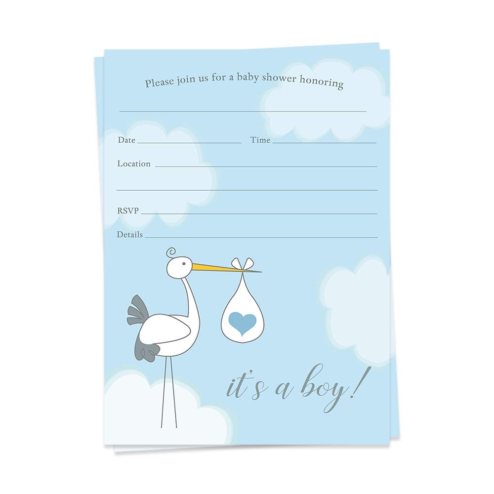 Baby Shower Invitations It's a Boy Fill in the Blank Invitations Special Delivery Invites Stork Crane Bird Blue Boys Printed Cards (15 Count)