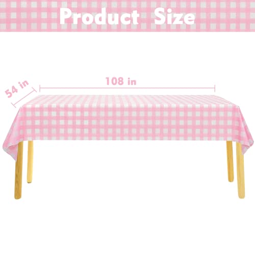Kesfey 3 Packs Pink Gingham Tablecloth Pink and White Checkered Tablecloths 54 x 108 Inches Disposable Plastic Gingham Tablecovers Waterproof Rectangle Picnic Table Covers for Birthday Party Supplies