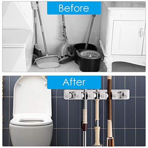 Tangkula Wall Mount Mop Broom Holder, Hanging Broom Organizer w/ 5 Slots & 6 Hooks, Home Storage Organizer Rack, Hanging Utility Rack for Home, Kitchen, Garage, Laundry (White)