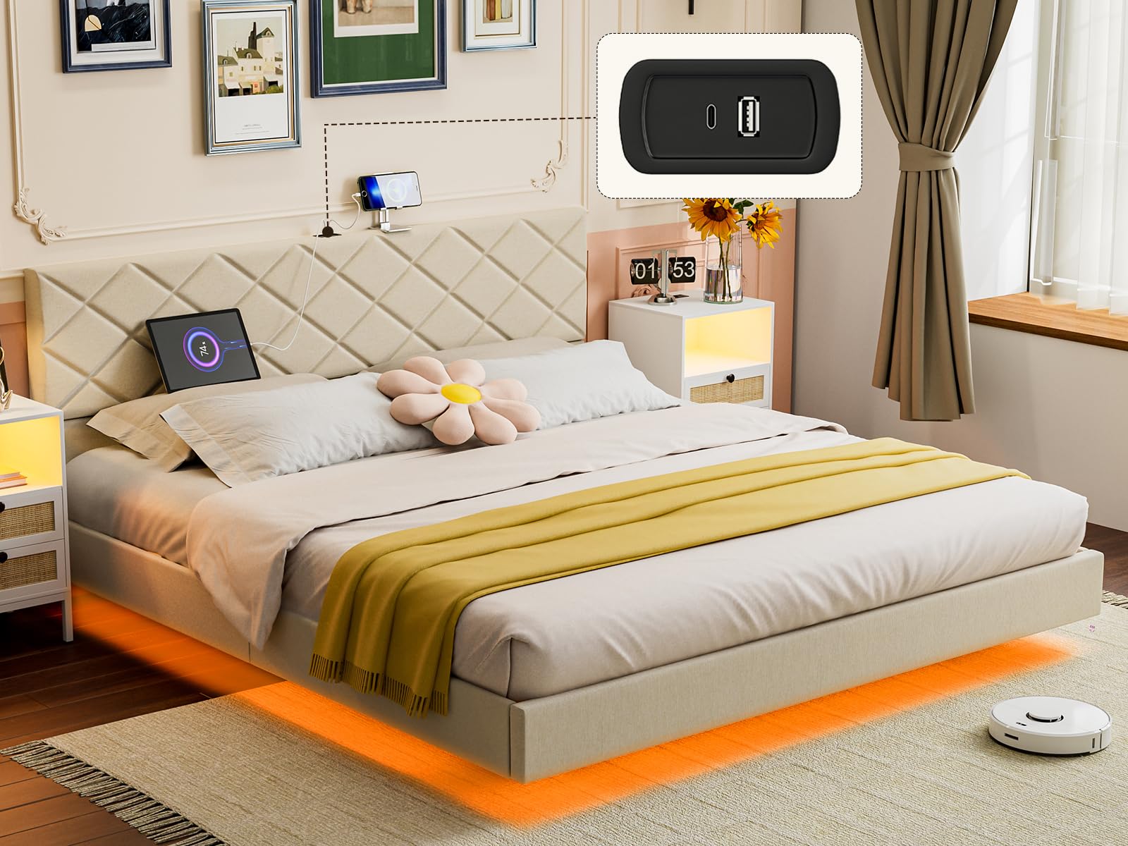 IKIFLY Floating Bed Frame Full Size with 2 USB Ports - Modern Upholstered Linen Full Platform Bed with LED Lights, No Box Spring Needed, Solid Wood Slats, Easy Assembly - Beige