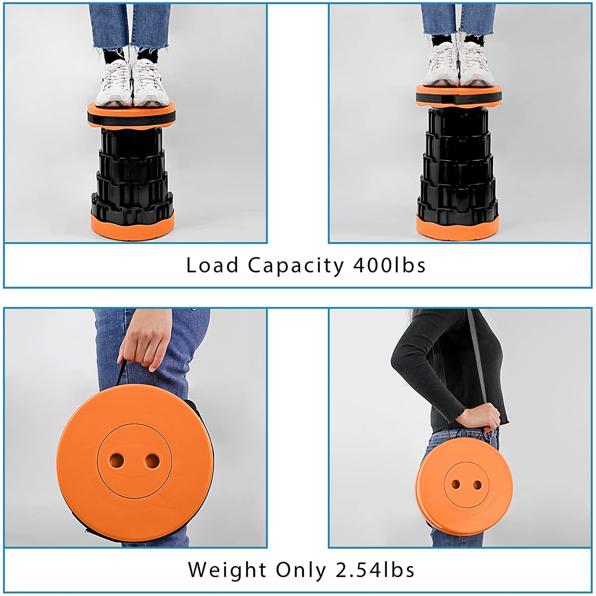 Aselpida Retractable Folding Stool, 400lbs Collapsible Adults Folding Stools, Telescoping Stool for Camping Fishing Hiking Garden Travel Adjustable Lightweight (Orange)