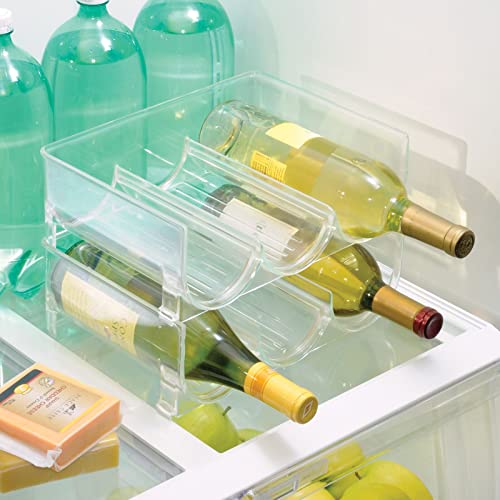 mDesign Stackable Plastic 3 Bottle Refrigerator Wine Rack - Kitchen Storage Organizer Holder for Champagne, Wine or Water Bottles - Stacking Wine Bottle Organizer for Fridge - Ligne Collection - Clear