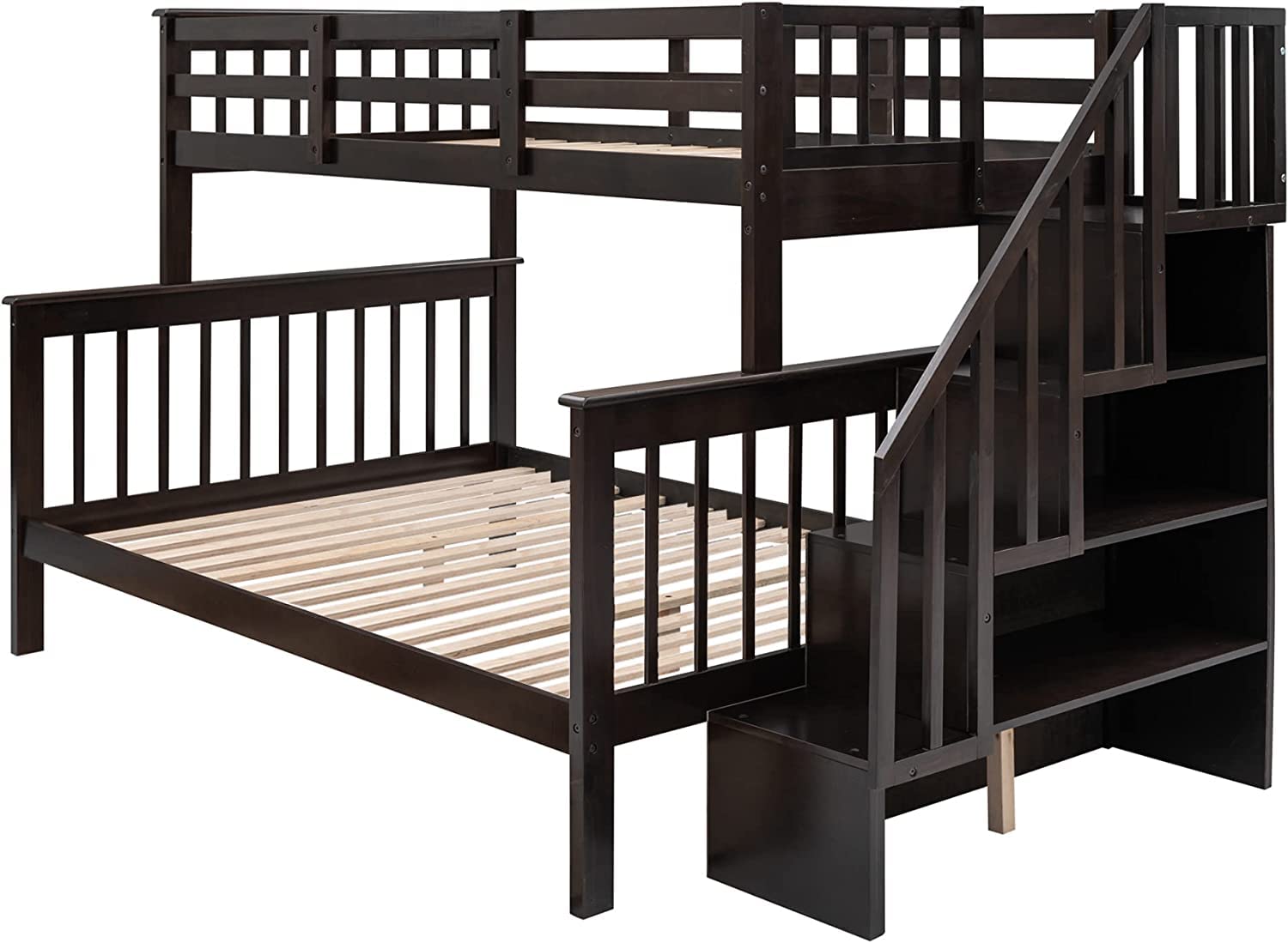 CITYLIGHT Bunk Beds Twin Over Full Size with Stairs, Wooden Bunk Beds with Storage Open Shelves, Stairway Bunk Bed Convertible to 2 Separated Beds,Kids Bunk Beds for Bedroom, Dorm,Espresso