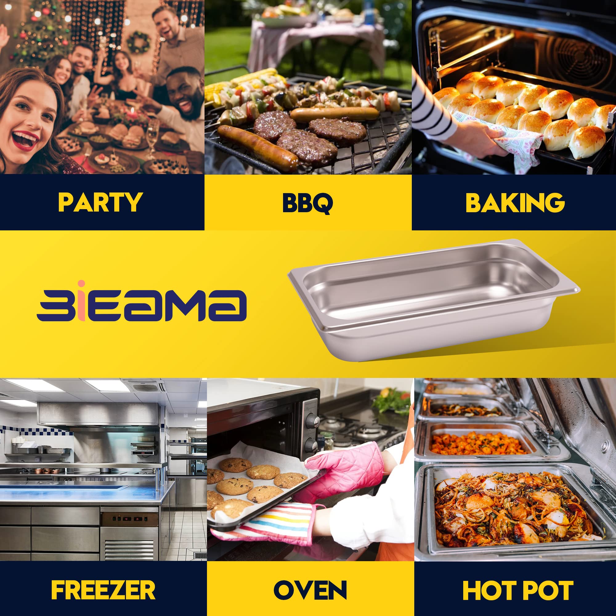 BIEAMA 6-Pack Hotel Pans with Lid, 1/4 Size 2.6" Deep, NSF, Catering Food Pan, Commercial Stainless Steel Pan with Cover