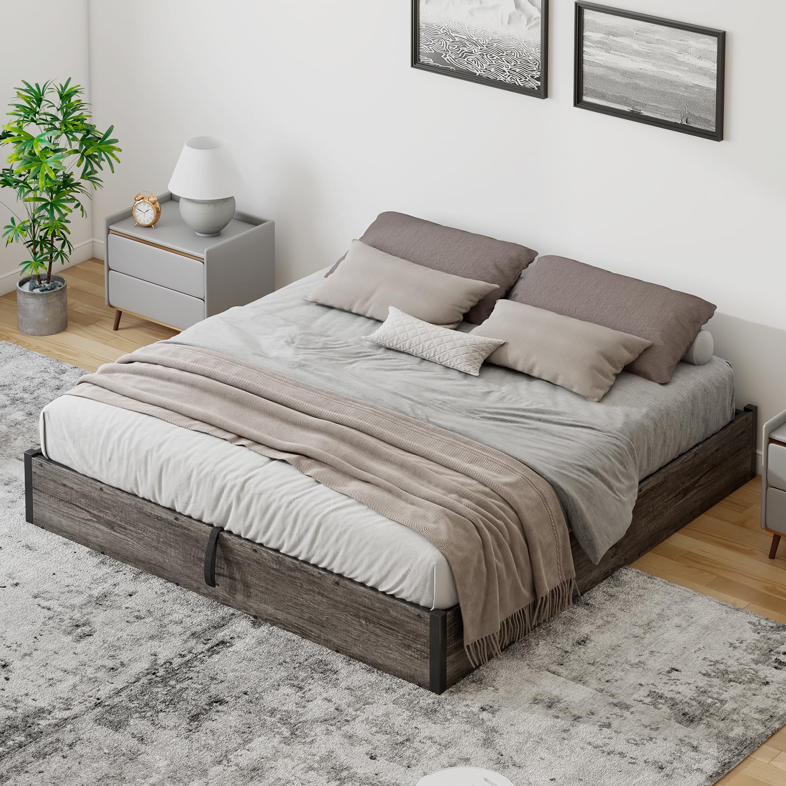 LUXOAK Queen Size Lift Up Storage Platform Bed Frame, Metal Bed Frame with Wooden Slats Support, No Box Spring Needed, Large Storage Space, Noise Free, Easy Assembly, Rustic Brown