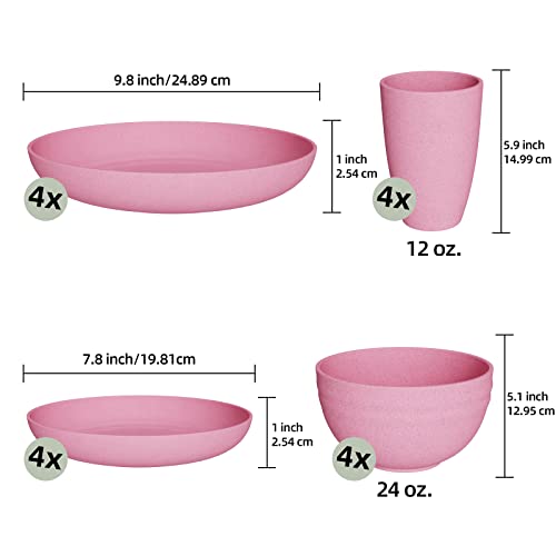 KEWOO Unbreakable Wheat Straw Dinnerware Sets of 4, 16Pcs Reusable Dinnerware Set,Lightweight Microwave Dishwasher Safe,Plates, Cups, Bowls for r Party, Picnic, Camping, Dorm (Pink)
