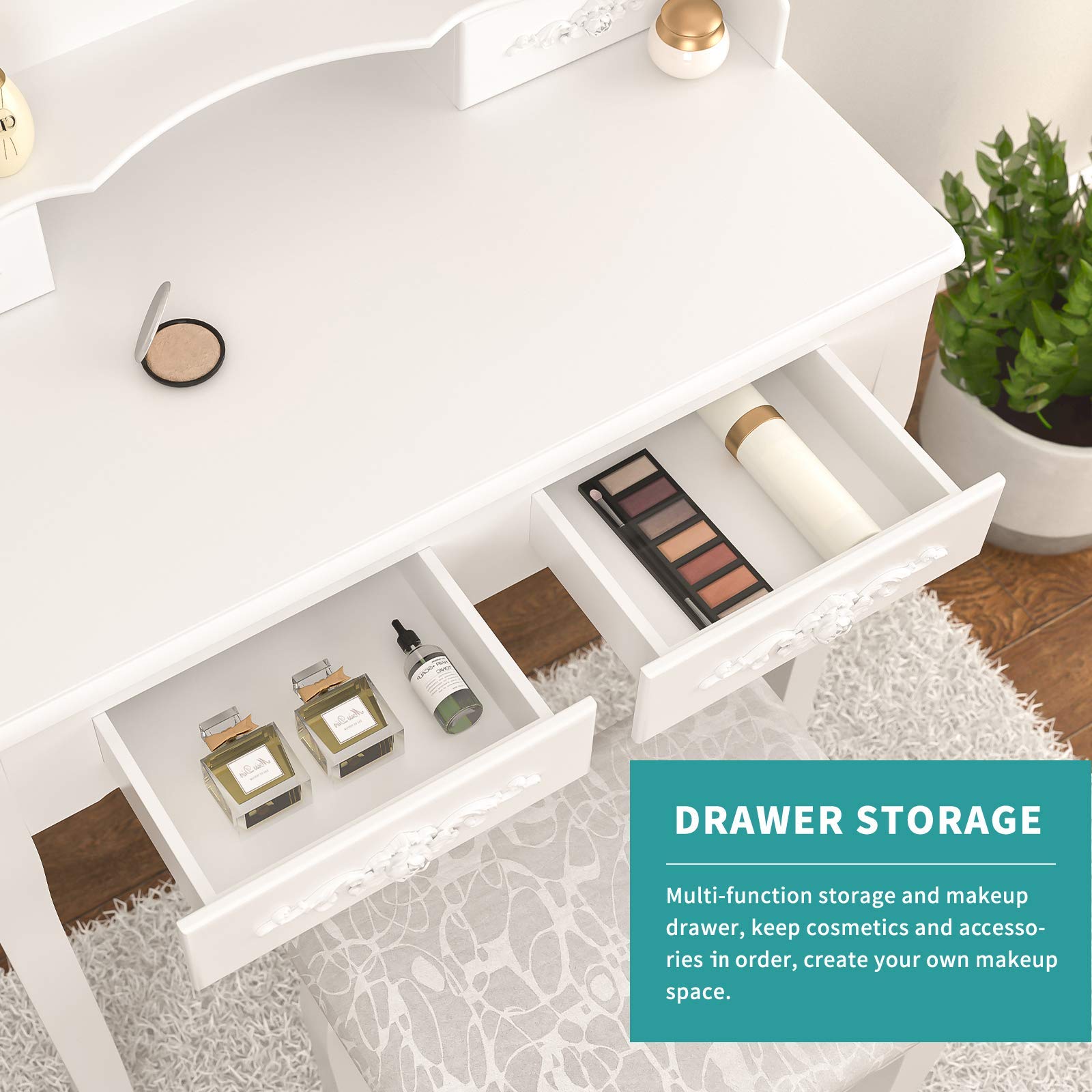 Mecor Vanity Table Set ,Makeup Table with Oval Mirror & Stool, Bedroom Wood Dressing Table with 4 Drawers White