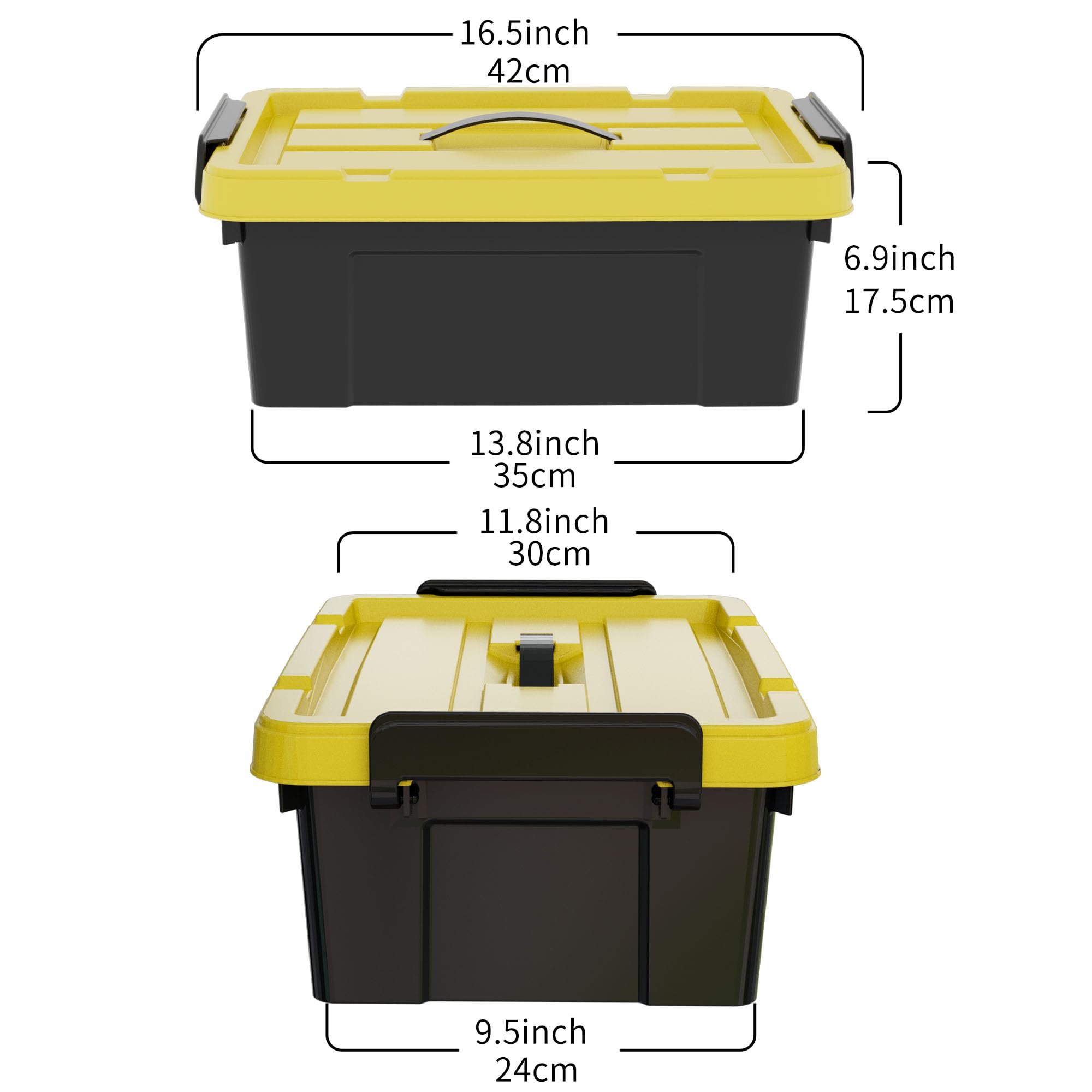 Cetomo 16Qt*4 Durabilt Flip Lid Stackable Heavy Duty Tough Storage Container Tote, Plastic Storage Bins, Storage Box, Black Base with Yellow Lid (4 Pack)