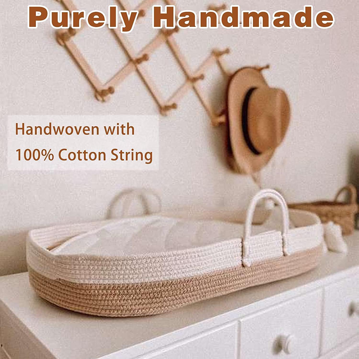 Baby Changing Basket with Storage Bag, Moses Basket for Babies, Thick Diaper Changing Pad, Leaf Shape Pad, Waterproof Leather Pad, Cotton Rope, Changing Table Topper for Dresser, Portable