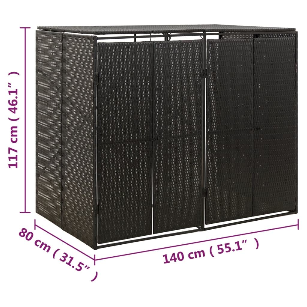 vidaXL Poly Rattan Double Wheelie Bin Shed - Durable, Weather Resistant, Easy Access Lid, Lockable Front Door - Garden Accessory, Black