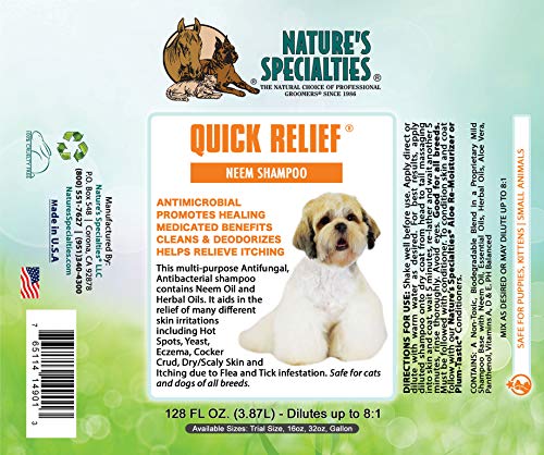 Nature's Specialties Quick Relief Ultra Concentrated Anti-Microbial Medicated Dog Neem Shampoo for Pets, Makes up to 1 Gallon, Natural Choice for Professional Groomers, Helps Relieve Itching, Made in USA, 16 oz