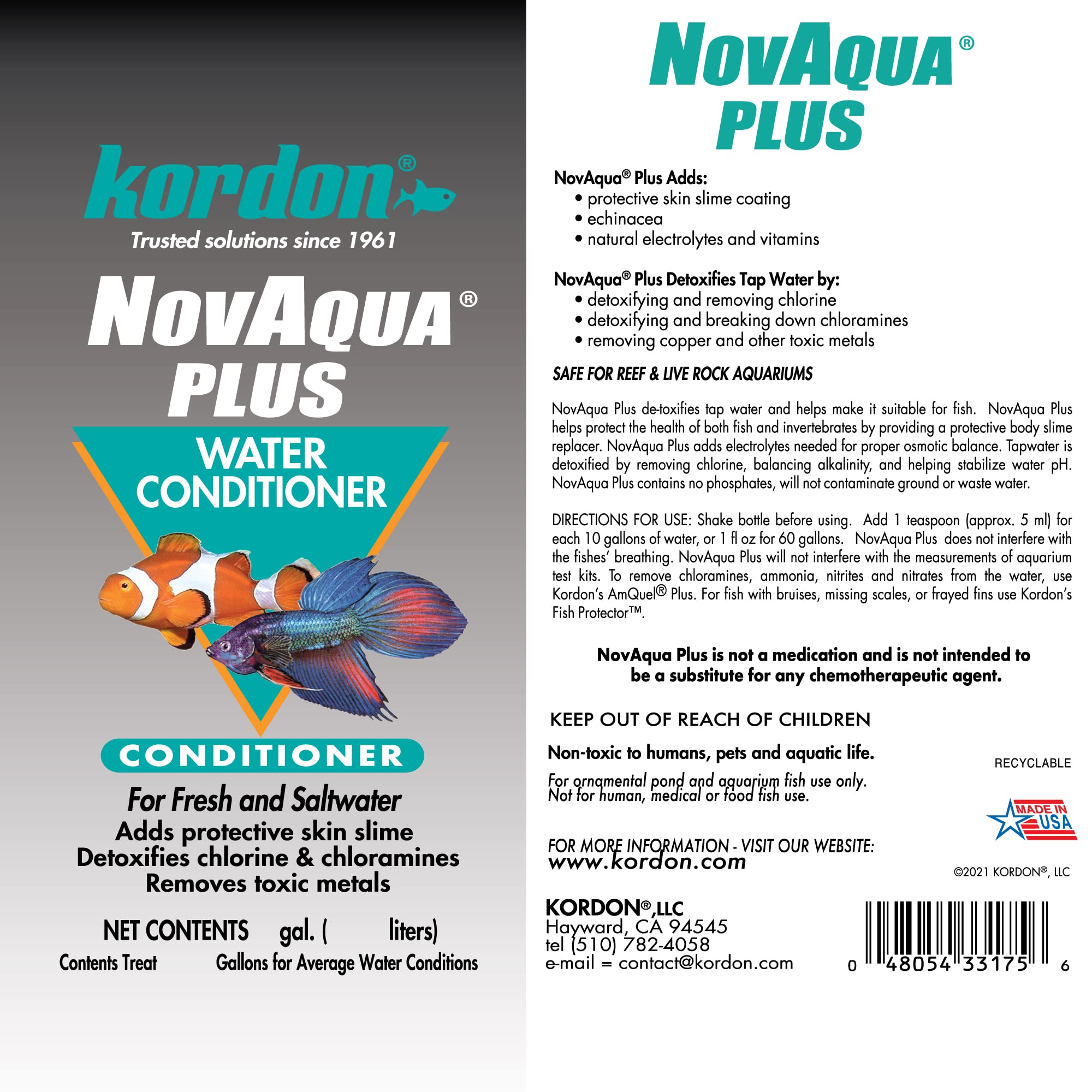 Kordon NOVAQUA Plus - Freshwater & Saltwater Aquarium Water Conditioner โ Instantly Detoxifies Chlorine, Chloramines, & Heavy Metals, Replaces Fish Slime Coat, Reduces Fish Stress, 16 Ounces