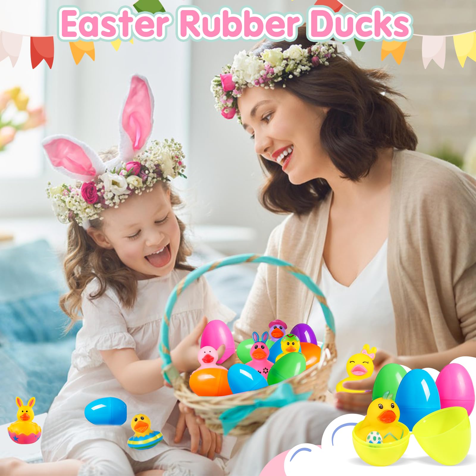 ANGGIKO 24 Pack Easter Rubber Ducks Bulk with Easter Eggs, Easter Party Favors Easter Basket Stuffer Supplies Goodie Bag Fillers, Easter Jeep Ducks Baby Bath Toys for Kids (Easter Ducks)