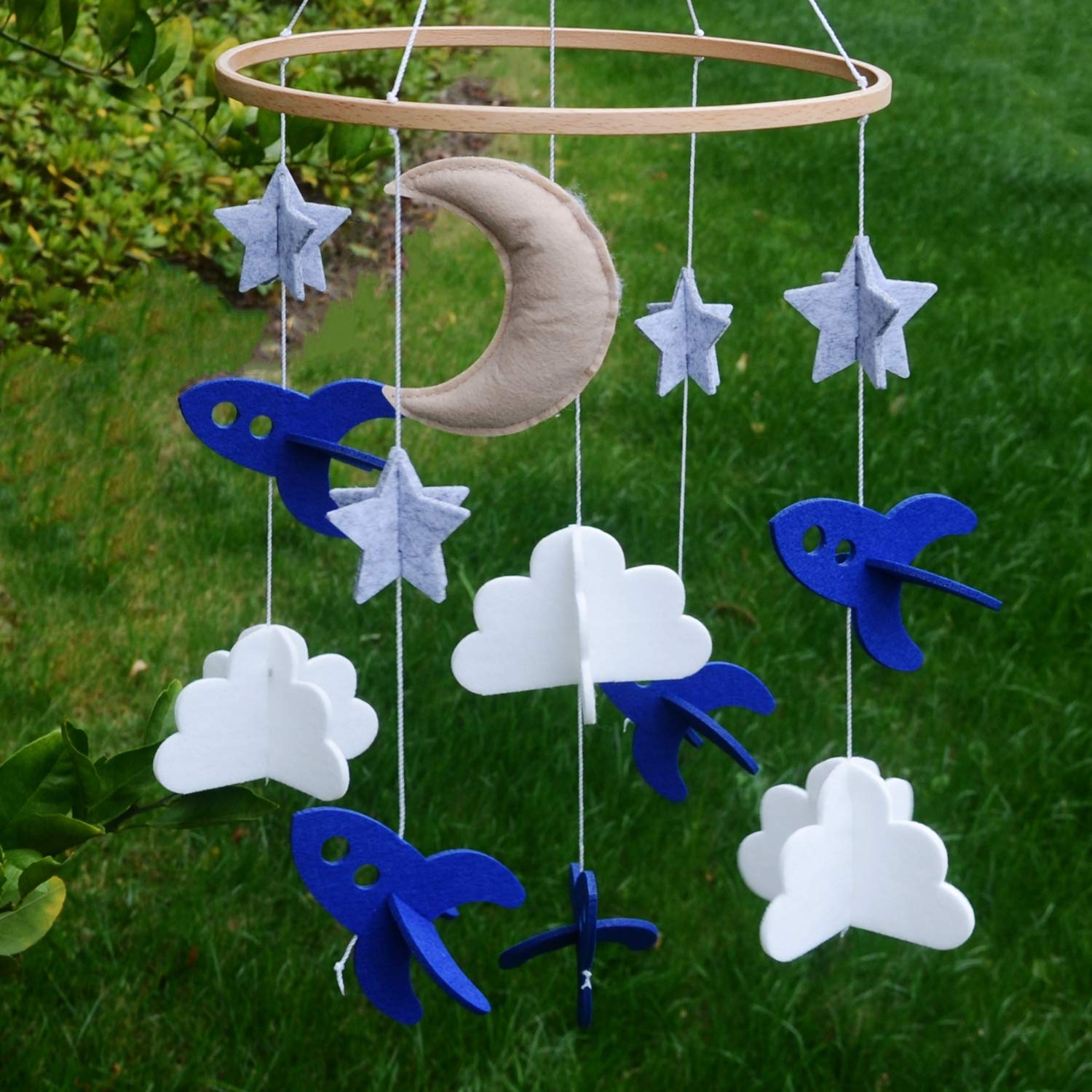 Baby Crib Mobile by Baby Sanda - Spaceships, Stars, Clouds and Moon - Navy Blue, Gray, White and Tan