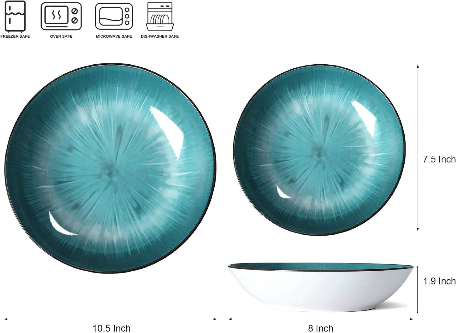 Bestone 12 Piece Round Kitchen Dinnerware Set,Plates and Bowls sets,Dishes, Plates, Bowls, Dish Set,Plates and Bowls,Service for 4, Chip Resistant Porcelain,Starburst Turquoise green
