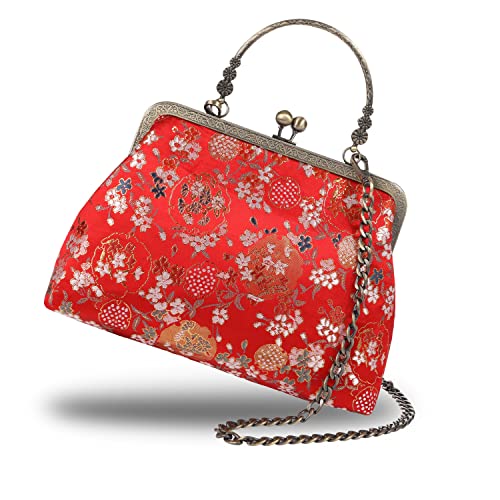 Arnosoar Floral Evening Bag Kiss Lock Top-Handle Bag Women Vintage Handbag Shoulder Bag Red-cherry blossoms