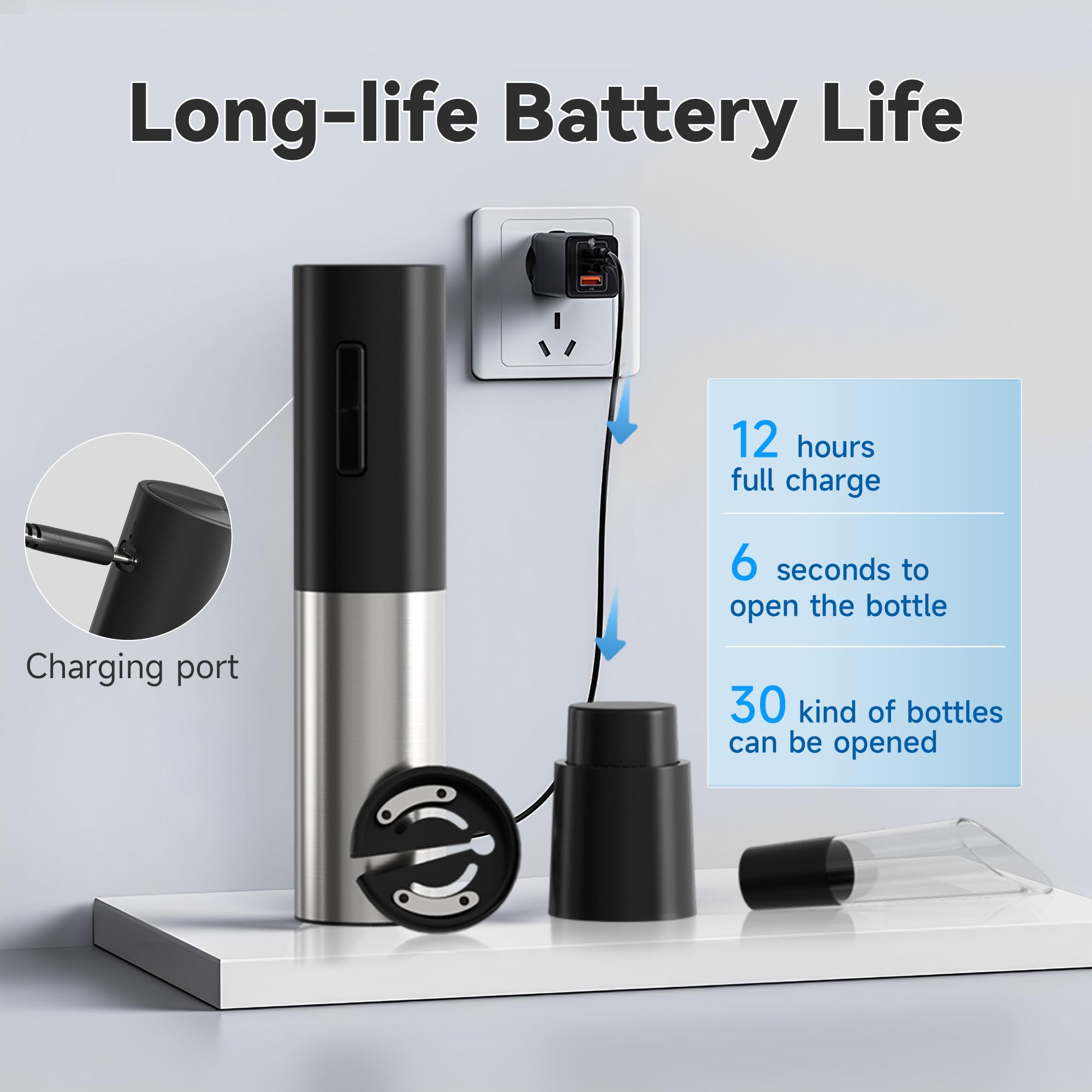 Electric Wine Opener, Automatic Wine Bottle Corkscrew with Air Pump, Foil Cutter, Pourer, Vacuum Stoppers (4PCS), Professional Easy Rechargeable Vino Opener Set Suitable for Home, Travel