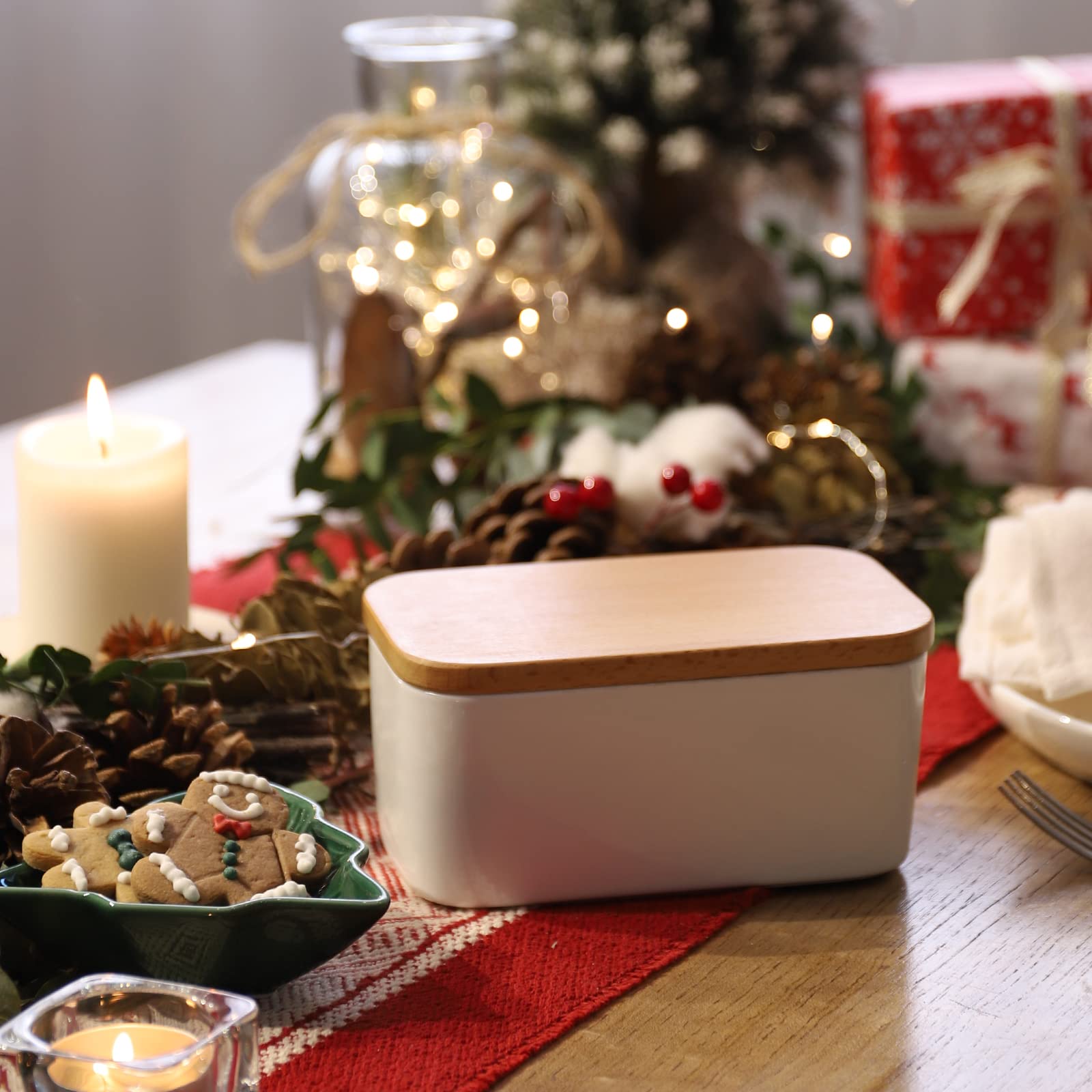 Sweese 303.101 Large Butter Dish - Airtight Butter Keeper Holds Up to 2 Sticks of Butter - Porcelain Container with Beech Wooden Lid, White