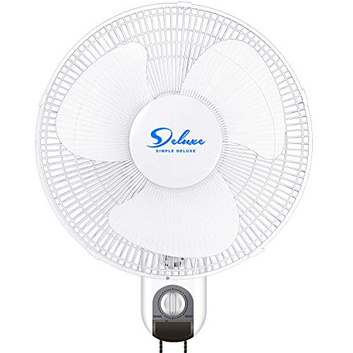Simple Deluxe Digital Household Wall Mount Fans 16 Inch Adjustable Tilt, 90 Degree, 3 Speed Settings, Basic, White