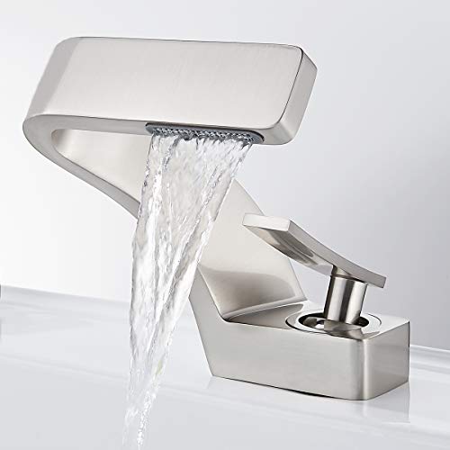 becola Bathroom Sink Waterfall Faucet,Solid Brass Single Handle Hot and Cold Water Mixer Tap, Lavatory Vanity Sink Faucet Including Two US Standard 3/8" Hoses(Brushed Nickel)