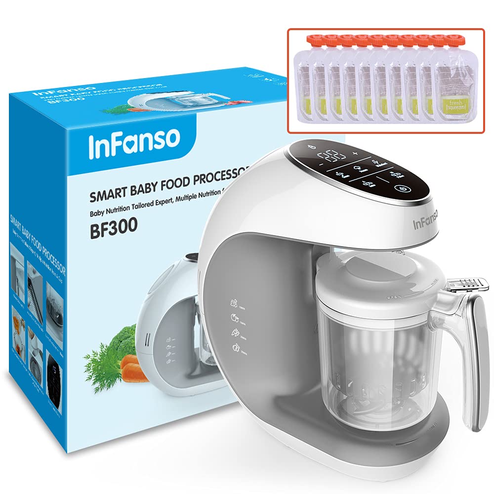 WOZAIJAInfanso Baby Food Maker Food Processor for Infants and Toddlers 7 in 1 Blender Grinder Steamer, Blender, Chopper, Defroster, Reheater, Disinfector, Auto Cleaning 10 Food Pouches