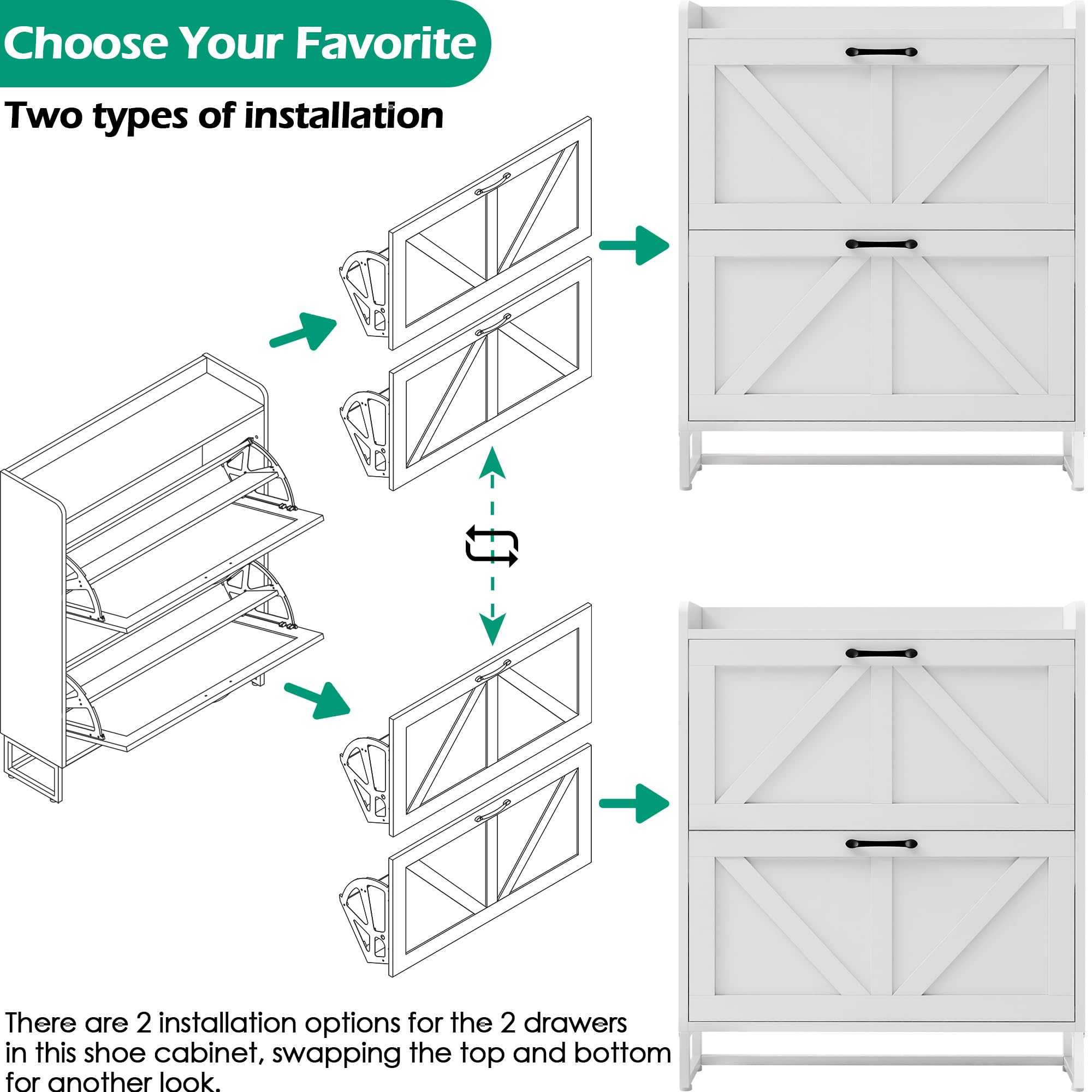 Betterhood Shoe Storage Cabinet with 2 Flip Drawers, Entryway Slim Shoe Rack Cabinet, Freestanding Hidden Shoe Organizer Cabinet with Metal Legs, White