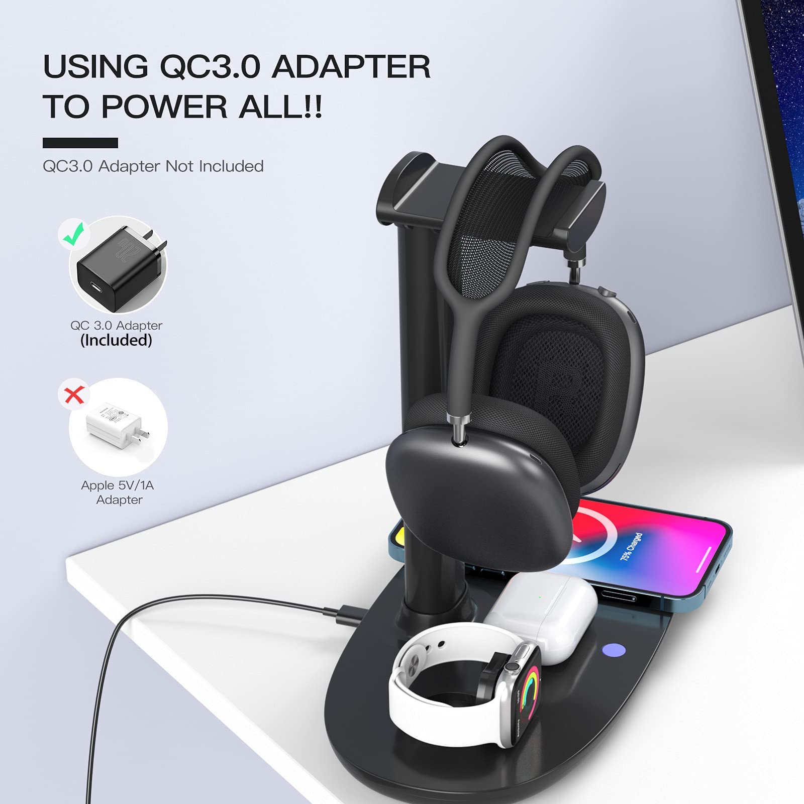 Headphone Stand with 15w Wireless Charger, Suguder 4 in 1 Charging Station Headset Holder for AirPods Max/Pro/4/3/2 iWatch 10/9/8/7/6/5/4/3/2/1/SE iPhone 16/15/14/13/12/11/X for Desktop Table Game