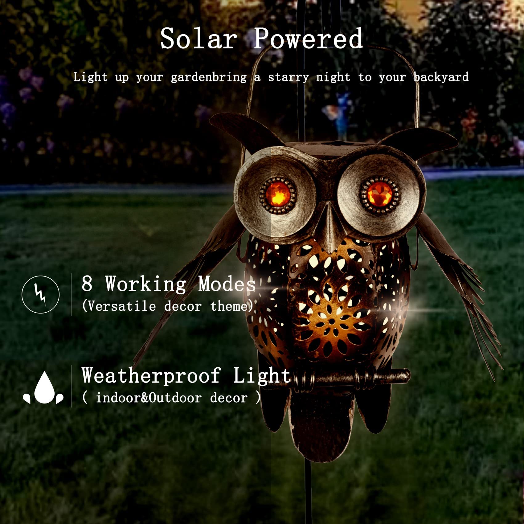 JCWH Fake Owl Solar Light,Auto On-Off Black Metal Waterproof,Animal Statue Decorative with Sheep Hook for Garden Backyard