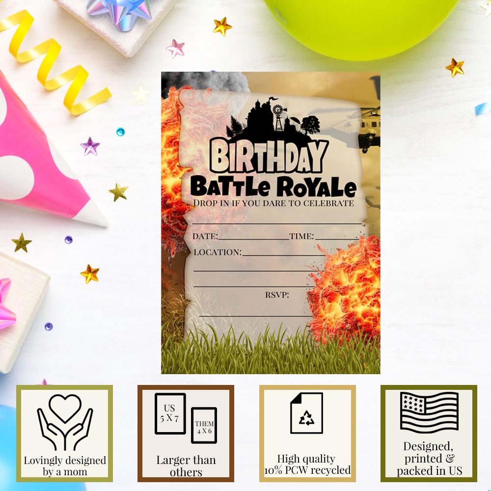 Explosion Fort Battle Video Gaming Birthday Party Invitations, 20 5x7 Fill In Cards with Twenty White Envelopes by AmandaCreation Video Gaming Party Supplies