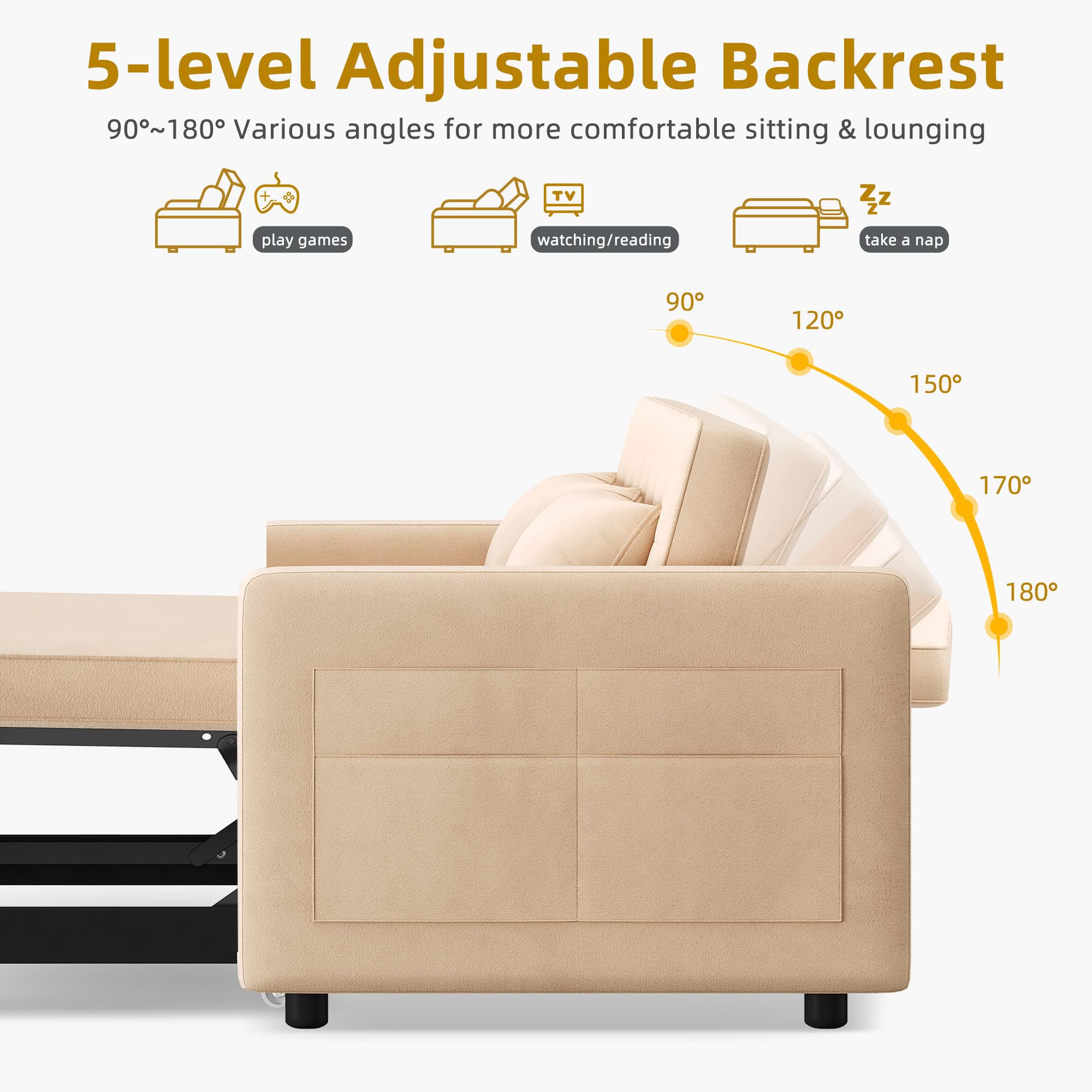 DWVO 55" Convertible Sofa Bed, 3-in-1 Sleeper Sofa with Pull-Out Bed, Velvet Futon Couch with Adjustable Backrest and Side Pocket, Modern Loveseat for Living Room Apartment, Black