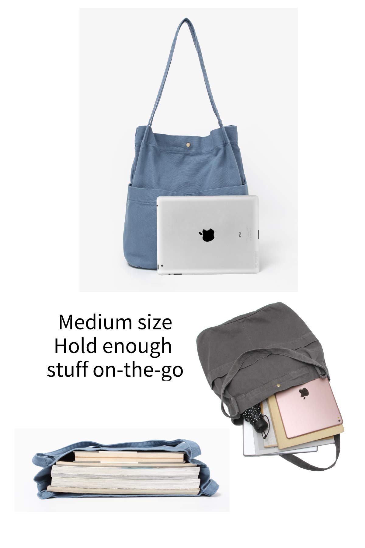 Jeelow Washed Canvas Market Tote Handbag Shoulder Bucket Bag Purse With Pockets For Men & Women