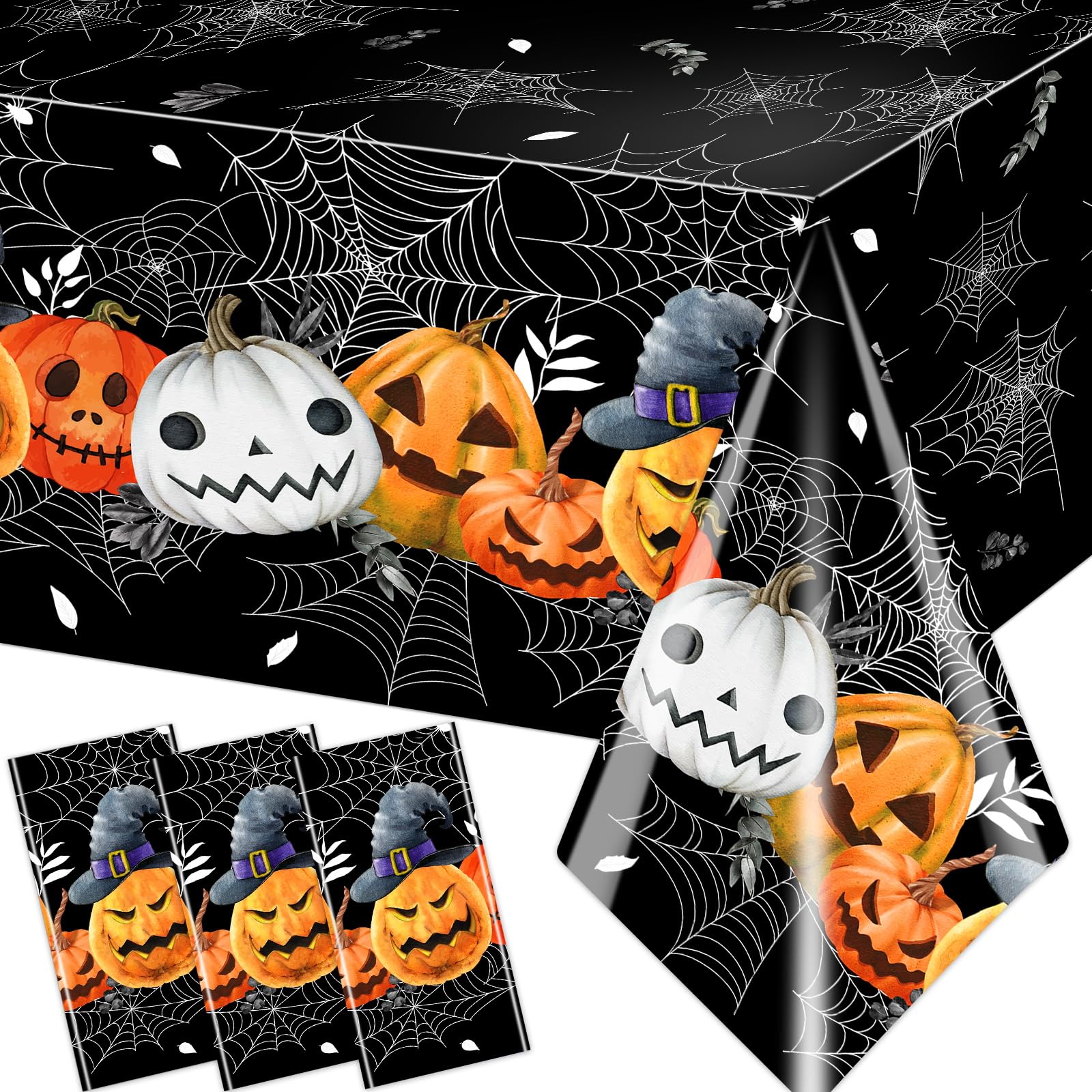 Black Halloween Tablecloth, 3 Pack Halloween Table Cover, Disposable Spider Web Pumpkin Halloween Table Cloths, Halloween Party Favor Supplies for Kitchen Dining Table Decorations